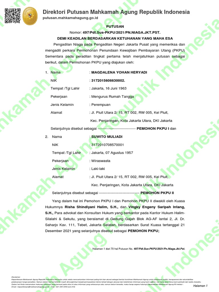 Putusan 497 PDT - Sus-Pkpu 2021 PN - Niaga.jkt - PST 20230113001628 | PDF
