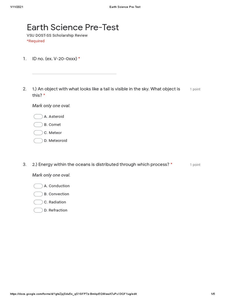 8.1 Earth Science Pre-Test | PDF | Earth | Sun