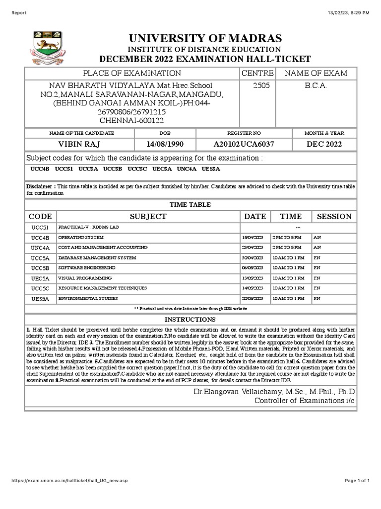 Report on University of Madras IDE December 2022 Exam Hall Ticket | PDF | Computing
