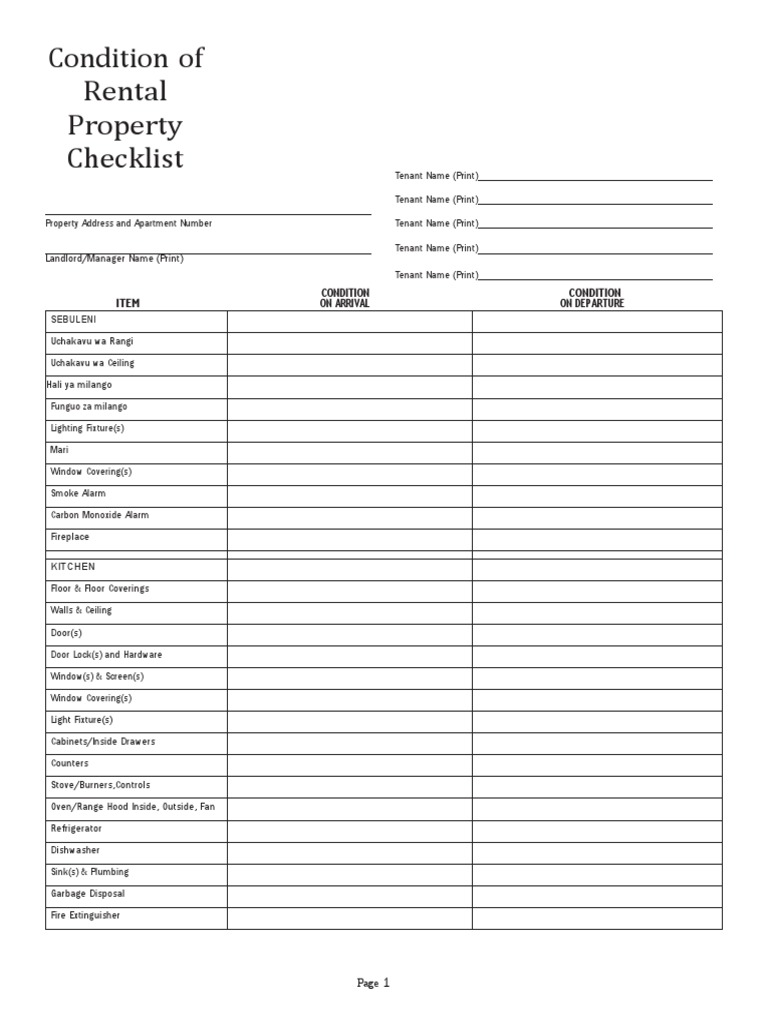 Condition of Rental Property Checklist: Item Condition On Arrival ...