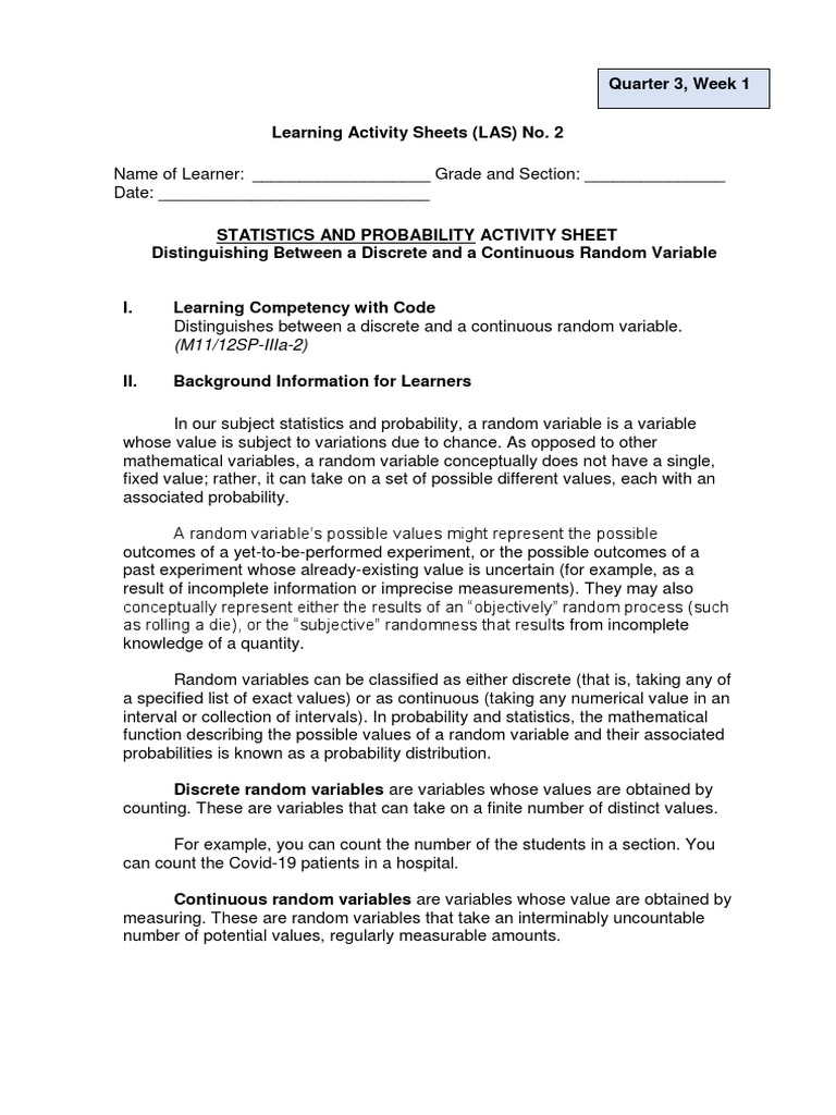 Stat LAS 2 | PDF | Probability Distribution | Random Variable
