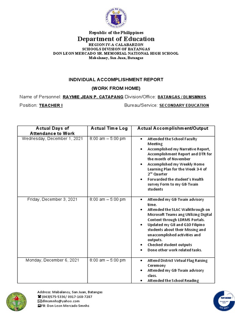 ACCOMPLISHMENT REPORT November WFH Report | PDF