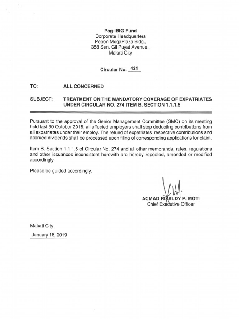 Circular No. 421 - Treatment On The Mandatory Coverage of Expatriates ...