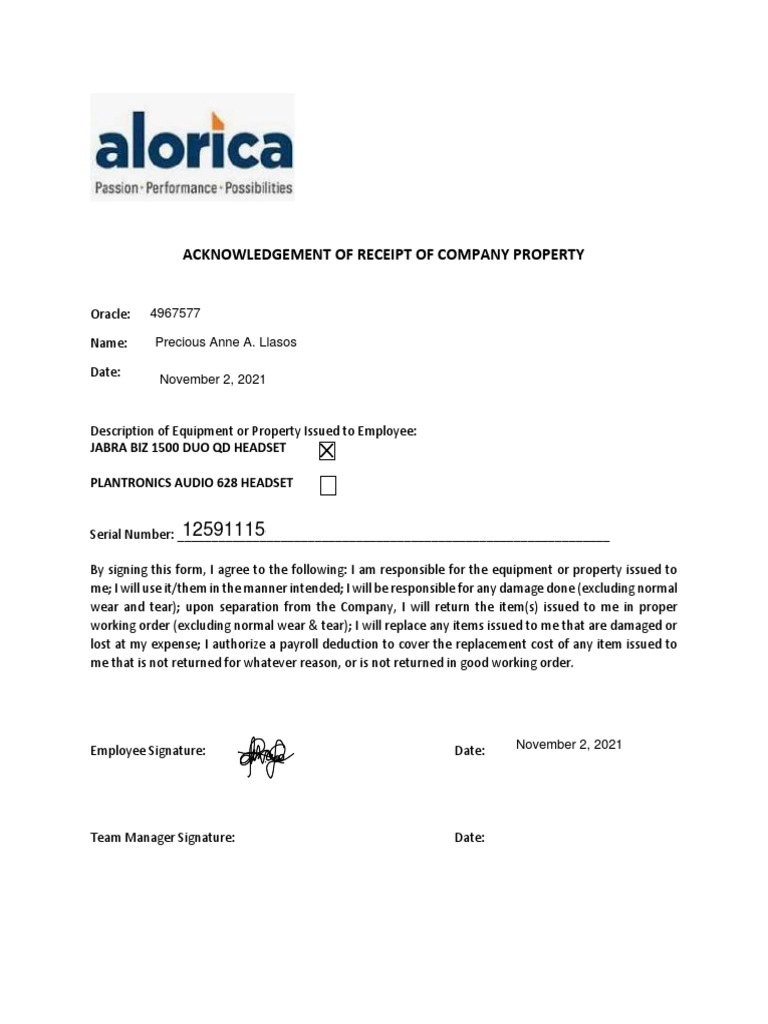 Acknowledgment of Company Equipment Receipt | PDF