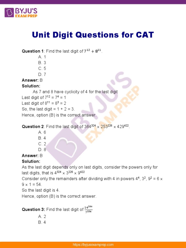 Unit Digit Questions For Cat 63 | PDF