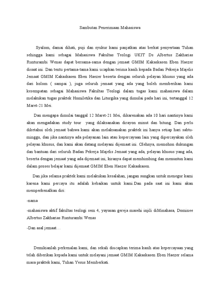 Sambutan Penerimaan Mahasiswa | PDF