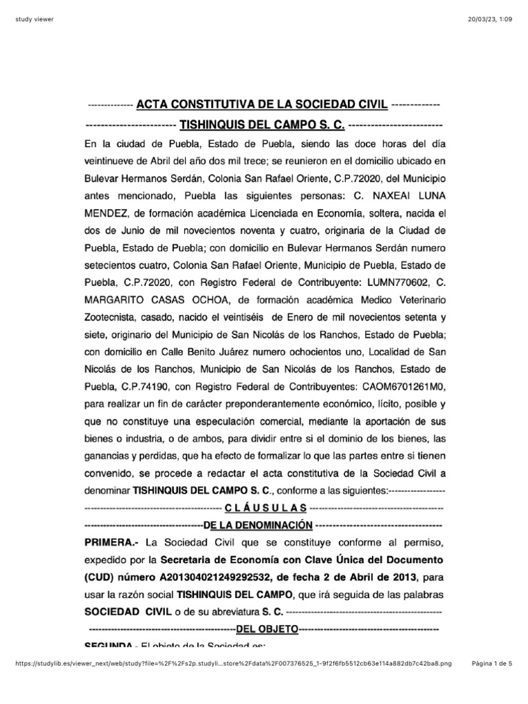 Acta Constitutiva Sociedad Civil | PDF | Negocios