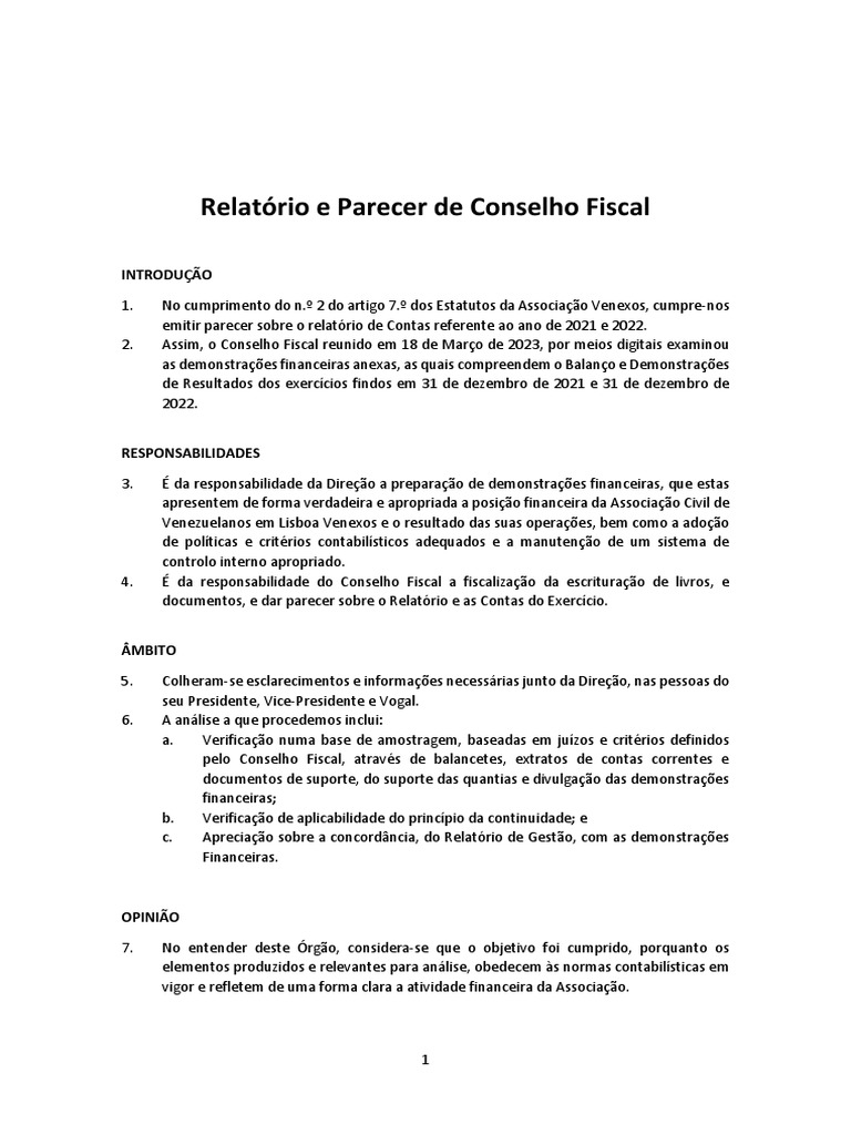 Relatório e Parecer de Conselho Fiscal - 2021-2022 | PDF | Contabilidade