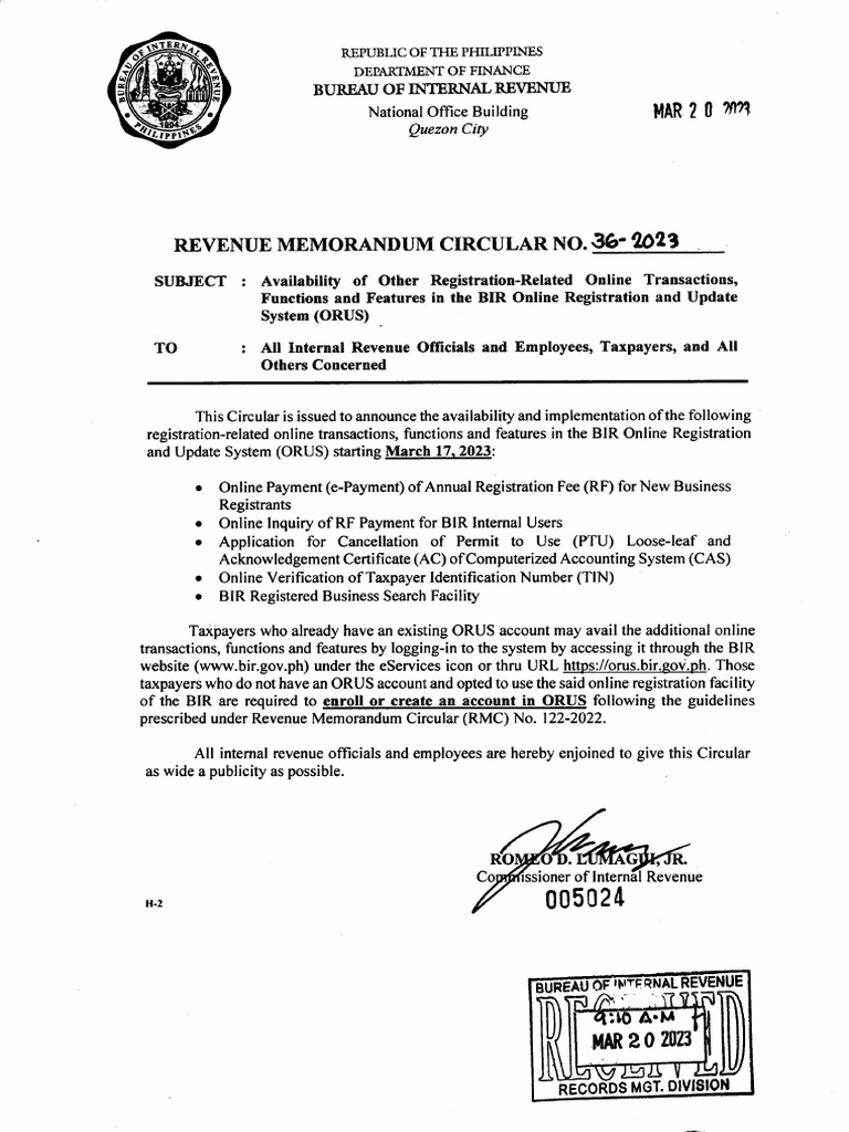 RMC No. 36-2023 | PDF