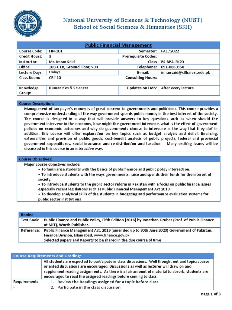 Public Financial Mangement Course Outline | PDF | Public Finance | Welfare