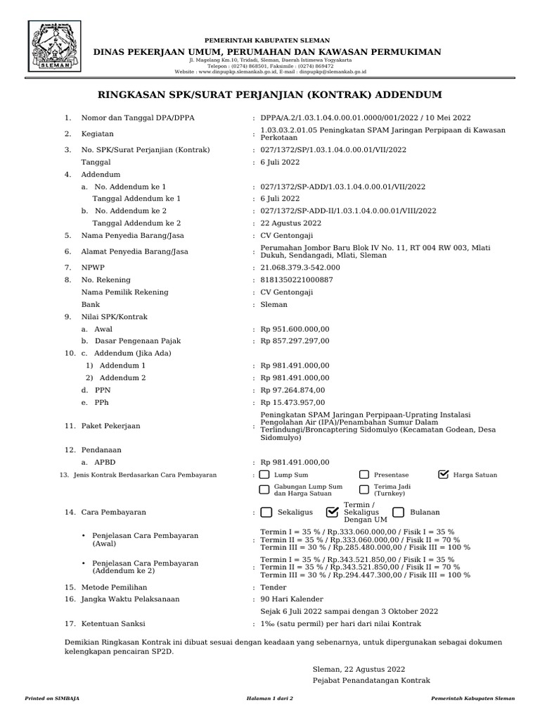 Ringkasan Spk/Surat Perjanjian (Kontrak) Addendum: Dinas Pekerjaan Umum ...