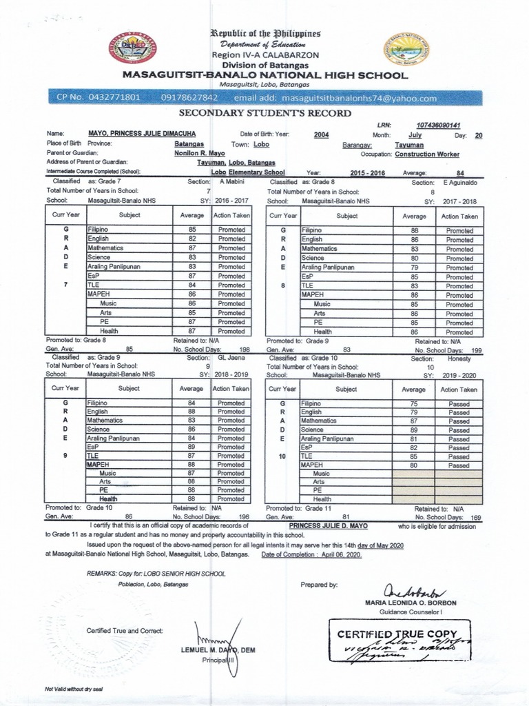 JHS Form 137 | PDF