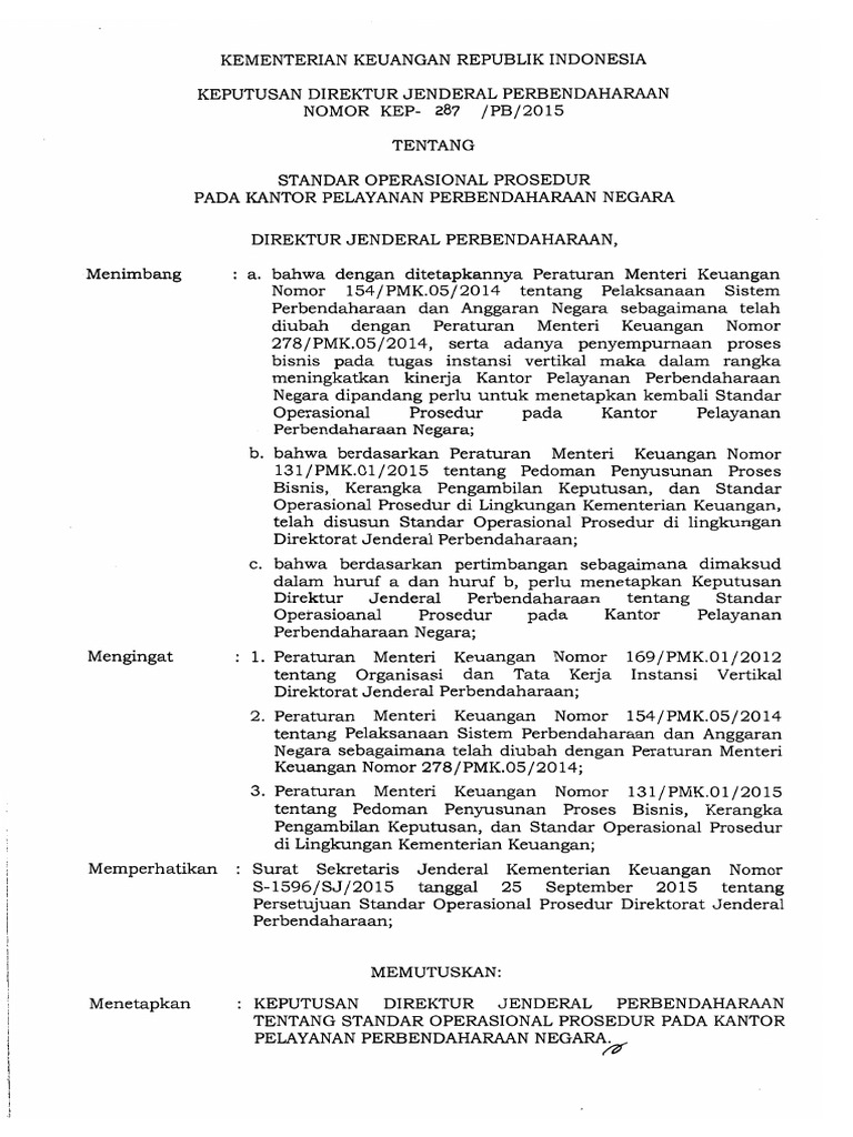 KEP-287 - PB - 2015 Tentang SOP Pada KPPN | PDF