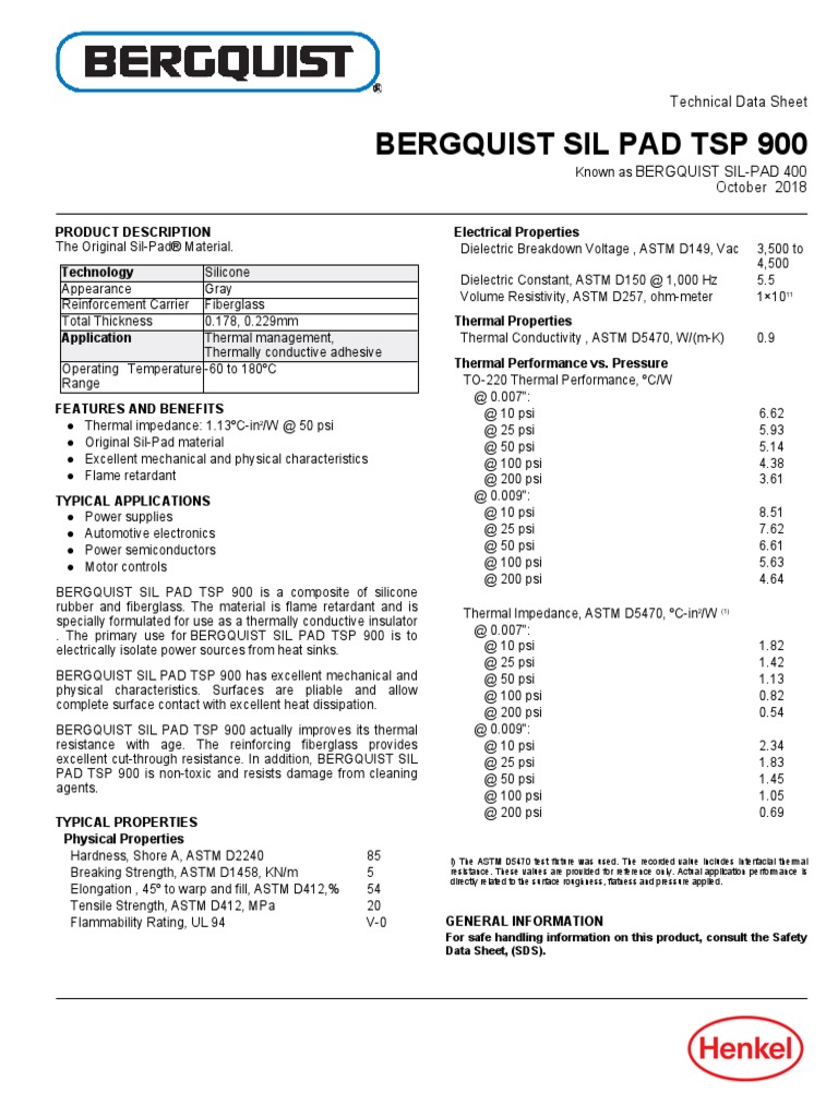 Bergquist Sil Pad TSP 900-En | PDF | Electrical Resistivity And Conductivity | Thermal Conductivity