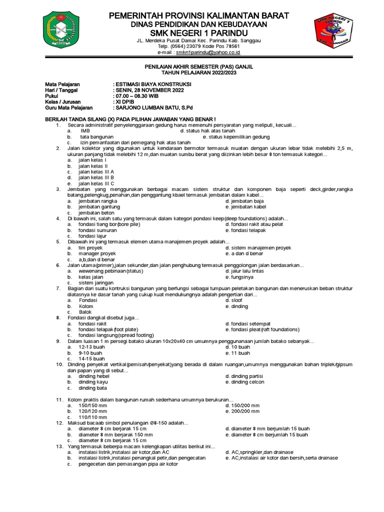 Soal Estimasi Biaya Kontruksi Kelas Xi Dpib | PDF