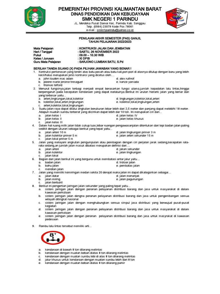 Soal Ulangan Kontruksi Jalan Dan Jembatan Kelas Xi Dpib | PDF