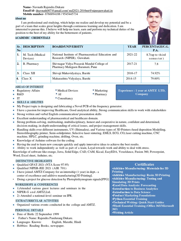Resume - Dukare Navnath Rajendra M | PDF | 3 D Printing | Computing