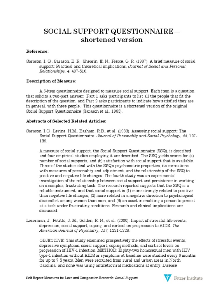Measuring Social Support: The Brief Social Support Questionnaire | PDF | Hiv/Aids | Behavioural ...