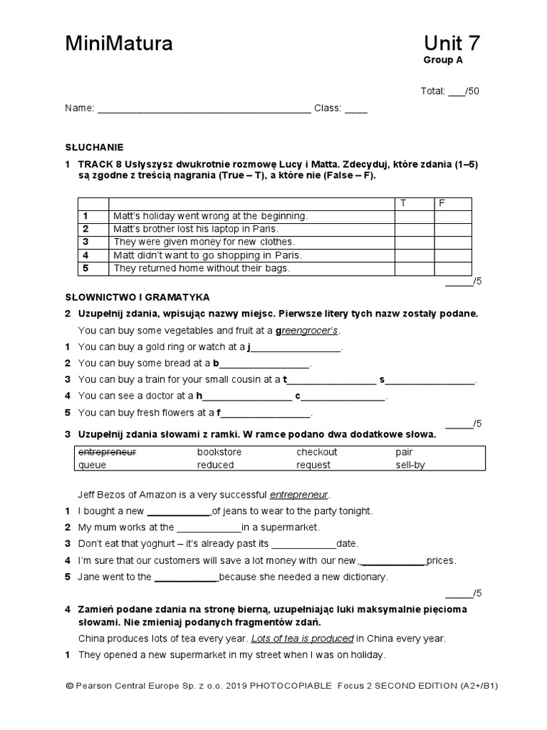 Focus 2 2ed MiniMatura Unit7 GroupA 1kol | PDF | Wales