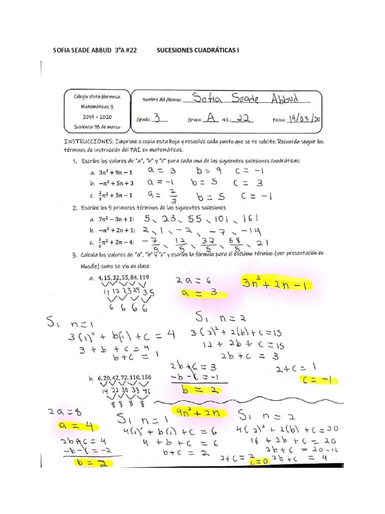 Sucesiones Cuadráticas I Sofia Seade Abbud 3°a | PDF