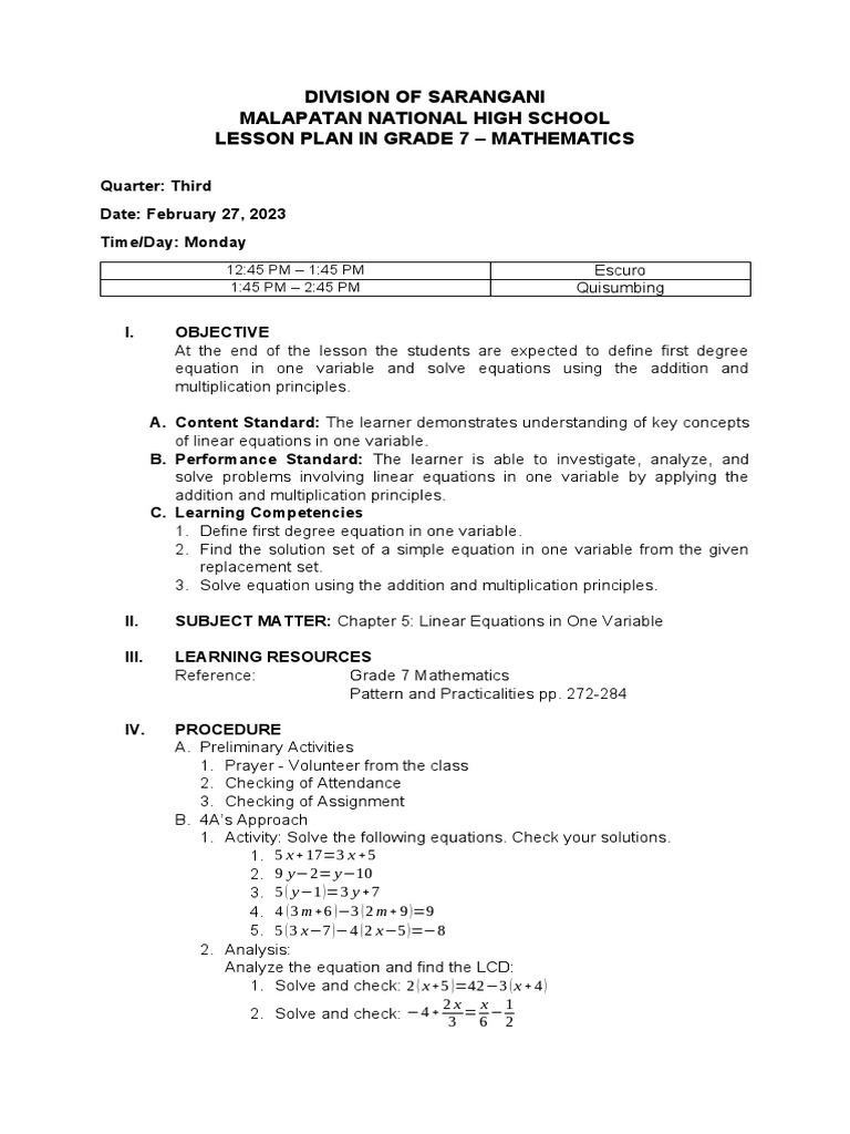MATHEMATICS - LESSON PLAN GRADE 7 February 27 | PDF | Equations ...