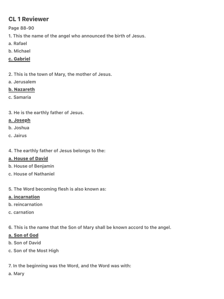 Quiz on the Incarnation of Jesus Christ: His Birth and Early Life as ...