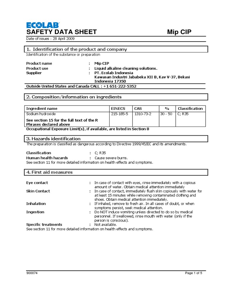 Mip CIP Safety Data Sheet | PDF | Sewage Treatment | Carbon Dioxide