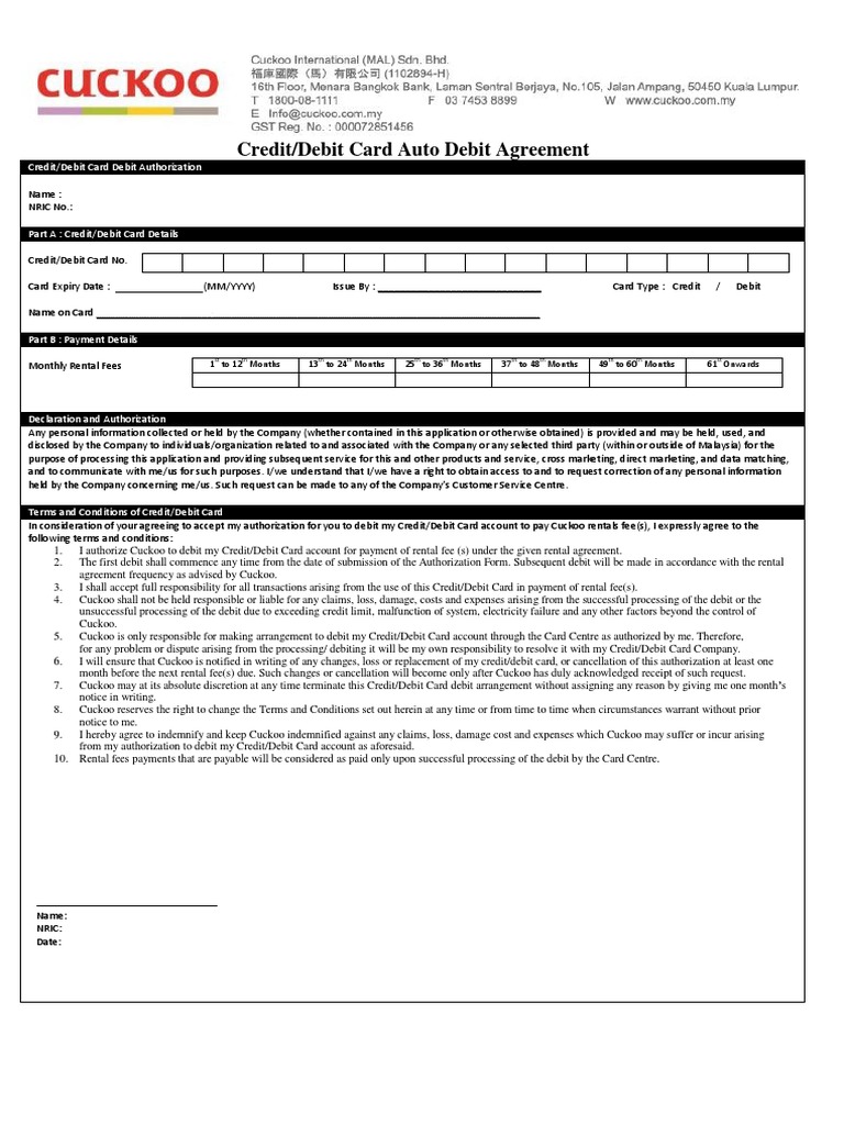 Comprehensive Credit/Debit Card Auto Debit Agreement for Monthly Rental ...