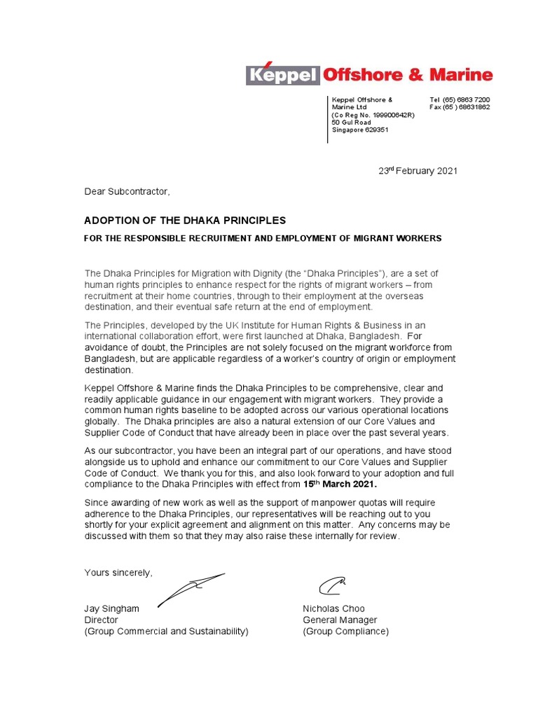 Dhaka Principles & KOM Letter | PDF | Migrant Worker | Employment