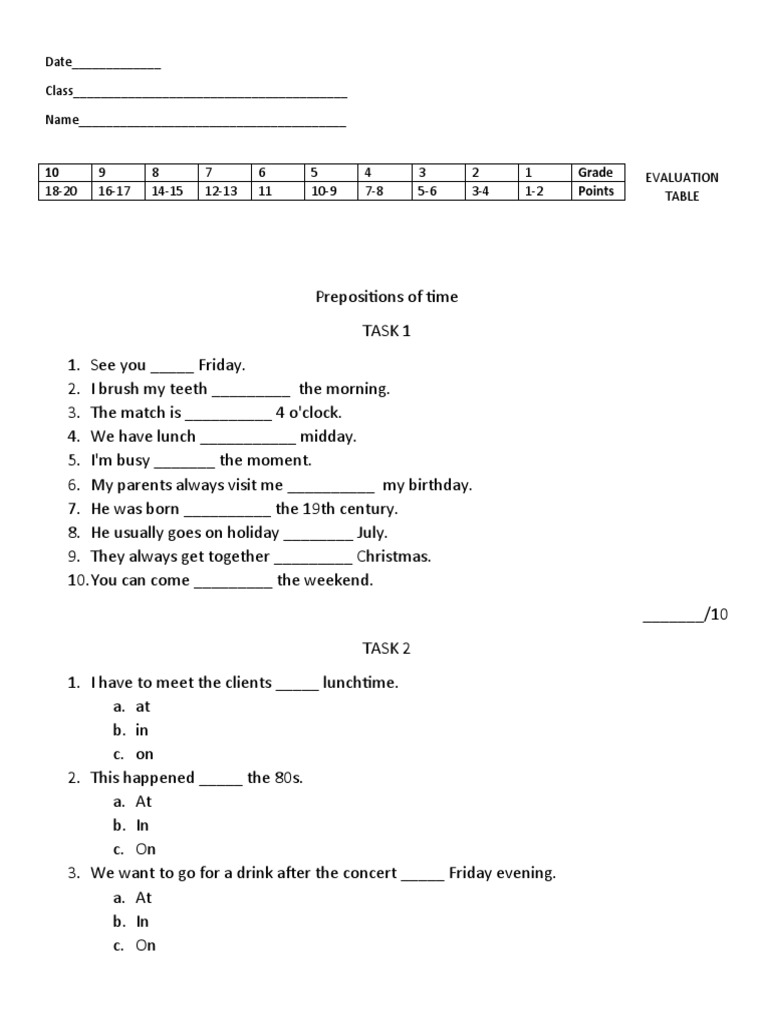 Grammar Test Prepositions of Time | PDF