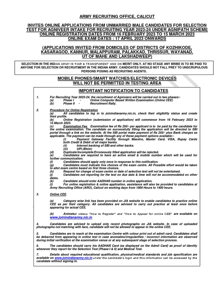 ARO Calicut Agniveer Army Notification Recruiting Year 2023-24 | PDF ...