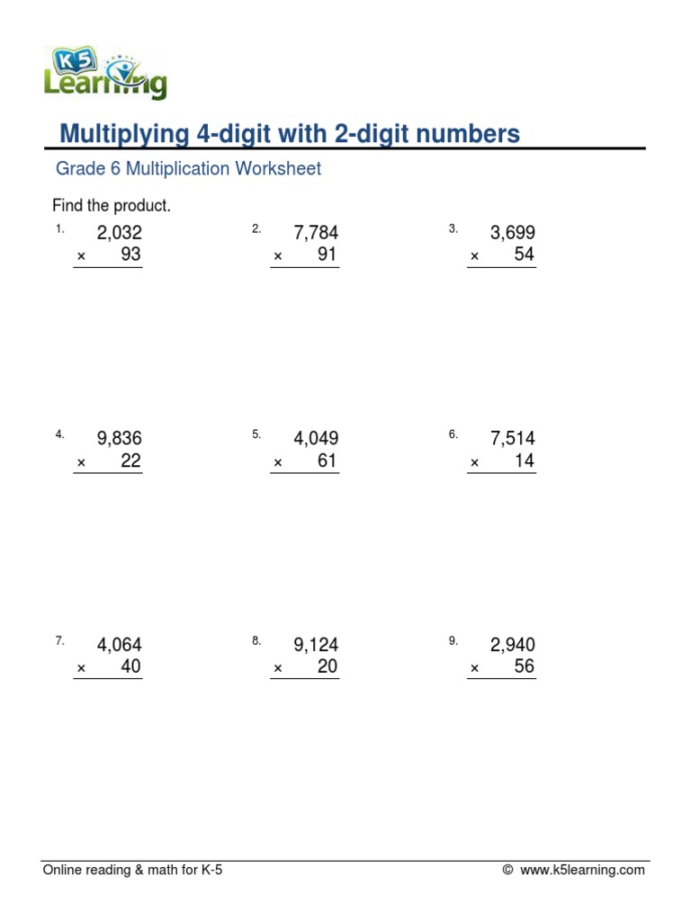 Grade 6 Multiplication 4 Digits by 2 Digits A PDF | PDF