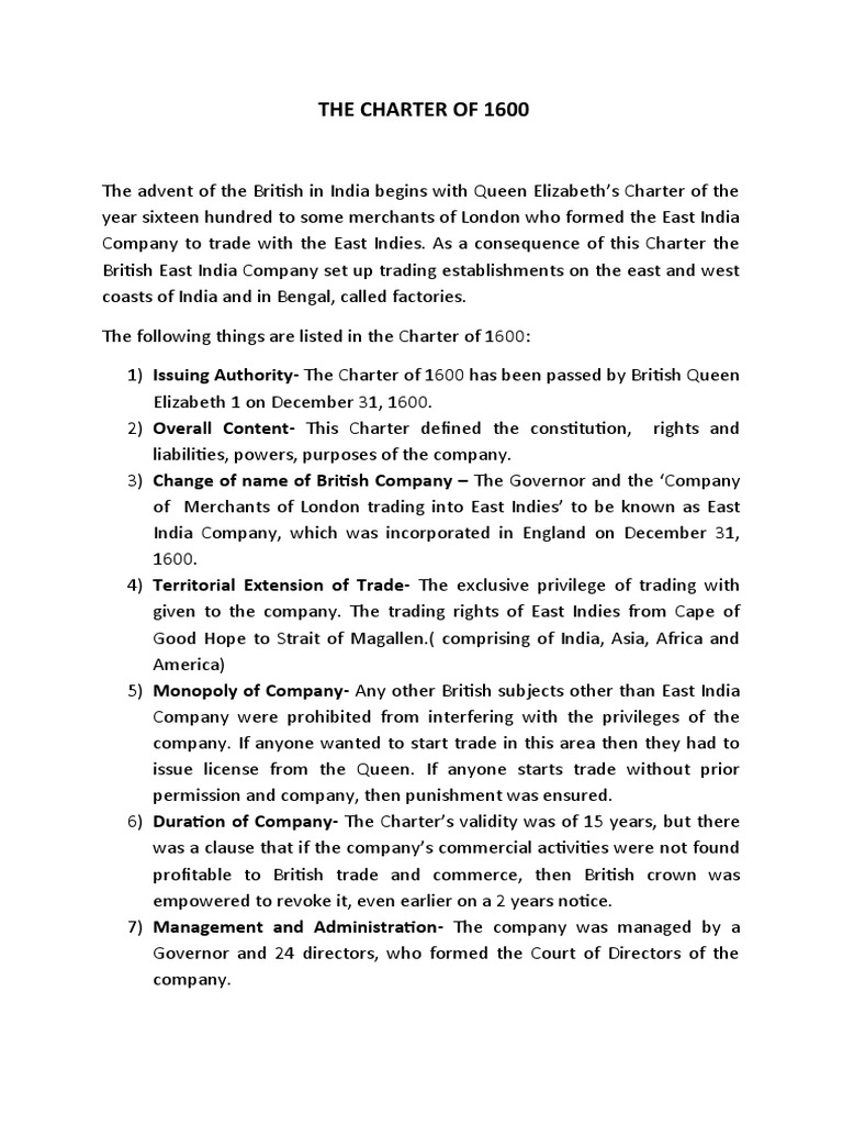 Charter of 1600 and 1661 | PDF | East India Company | British Empire