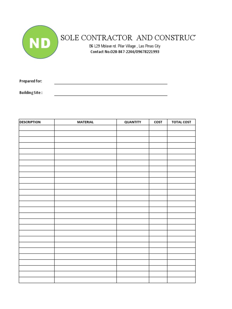 Cost Estimate Template | PDF
