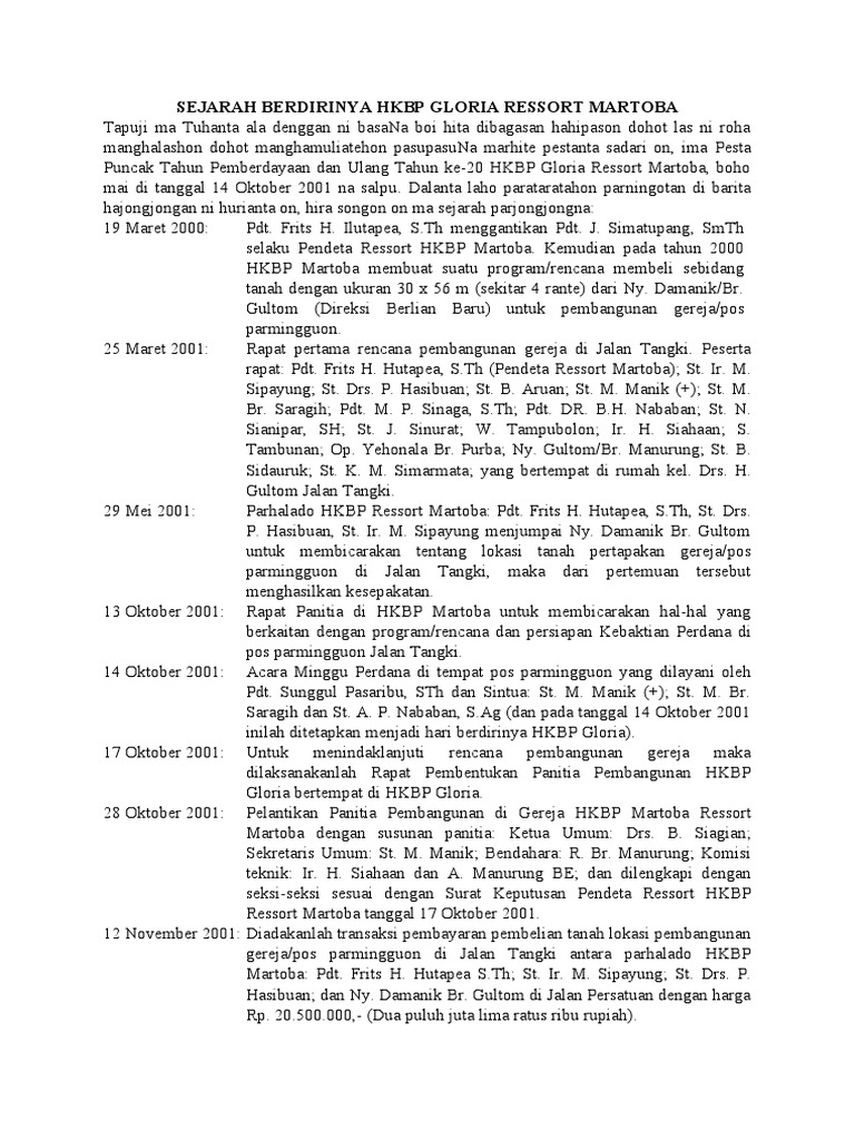 Sejarah Berdirinya HKBP Gloria Ressort Martoba | PDF Sejarah Berdirinya HKBP Gloria Ressort Martoba | PDF