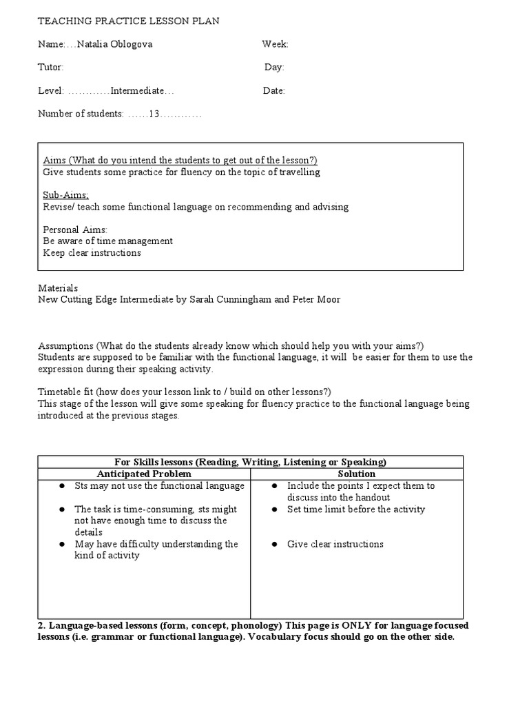 Lesson Plan Functional Language | PDF | Psycholinguistics | Linguistics