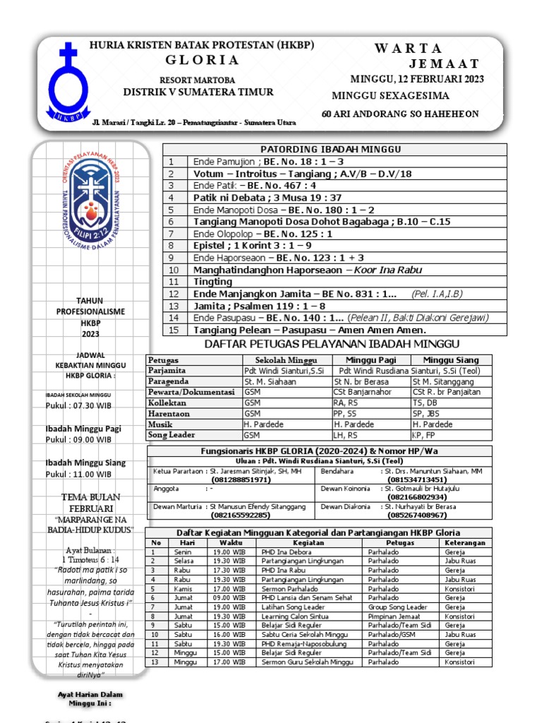 Warta Jemaat Minggu Sexagesima HKBP Gloria 120223 | PDF