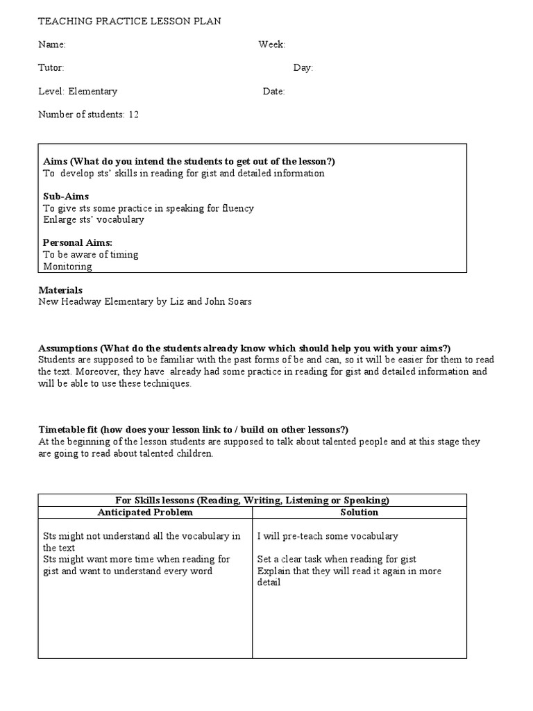 Lesson Plan Reading For Gist And Detail Pdf Cognition Linguistics