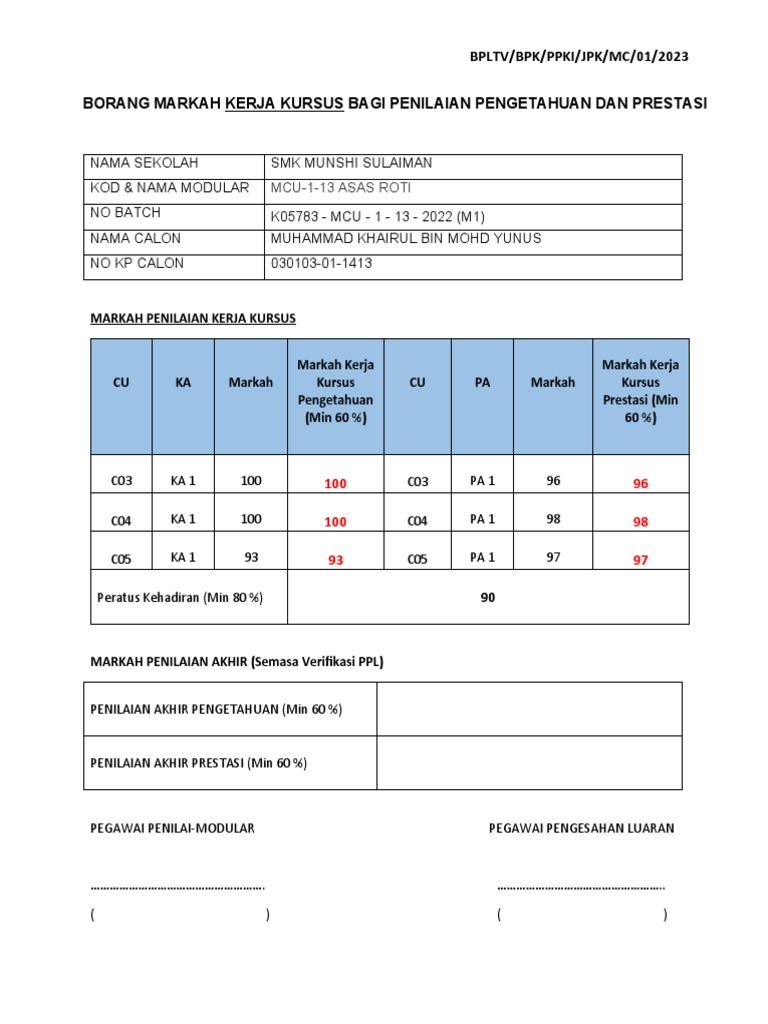 Borang Markah Individu - Asas Roti Kohort 2 2022 | PDF