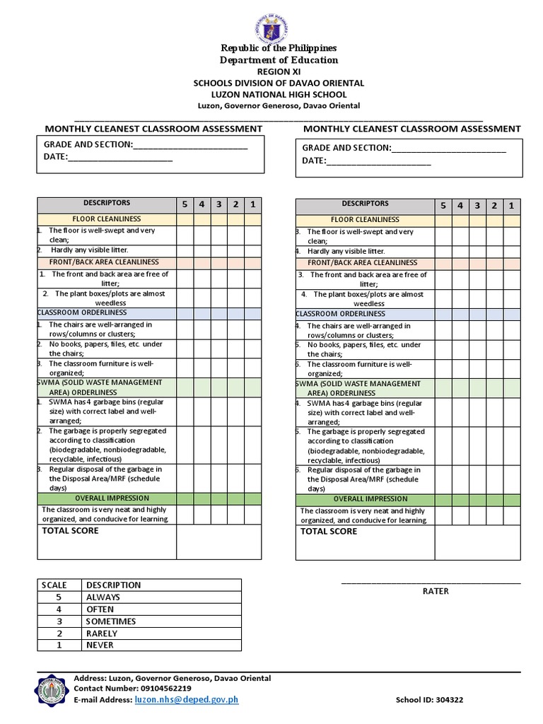 Monthly Cleanest Classroom Assessment Tool | PDF | Waste Management ...