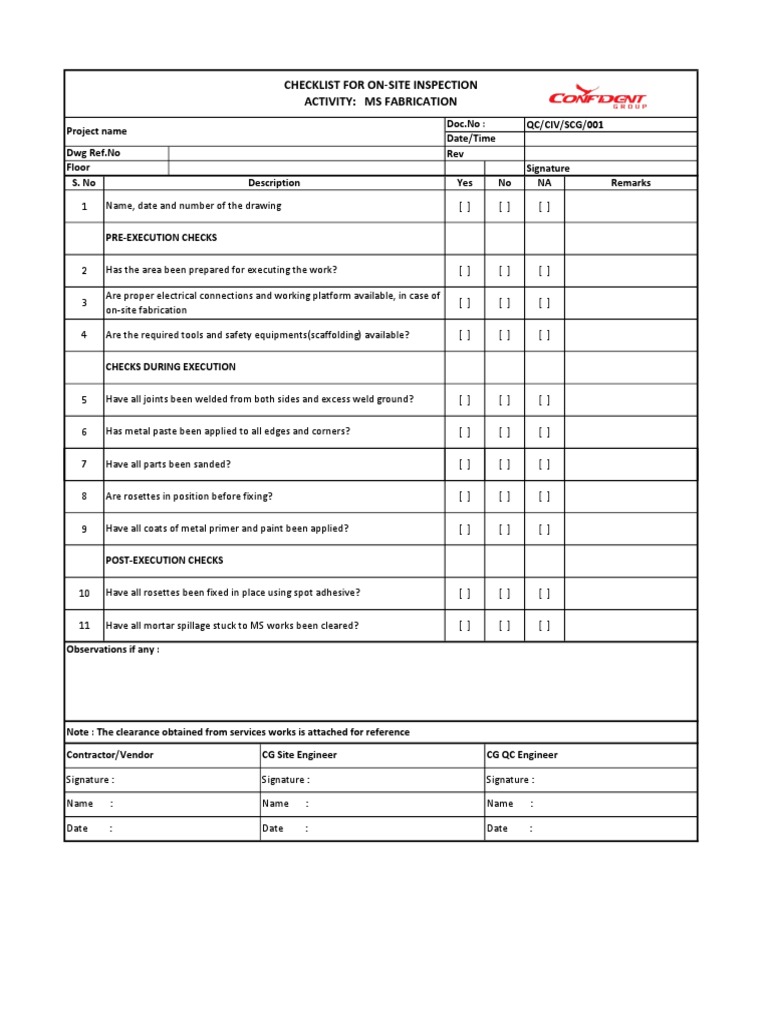 On-Site MS Fabrication Inspection Checklist | PDF | Building ...