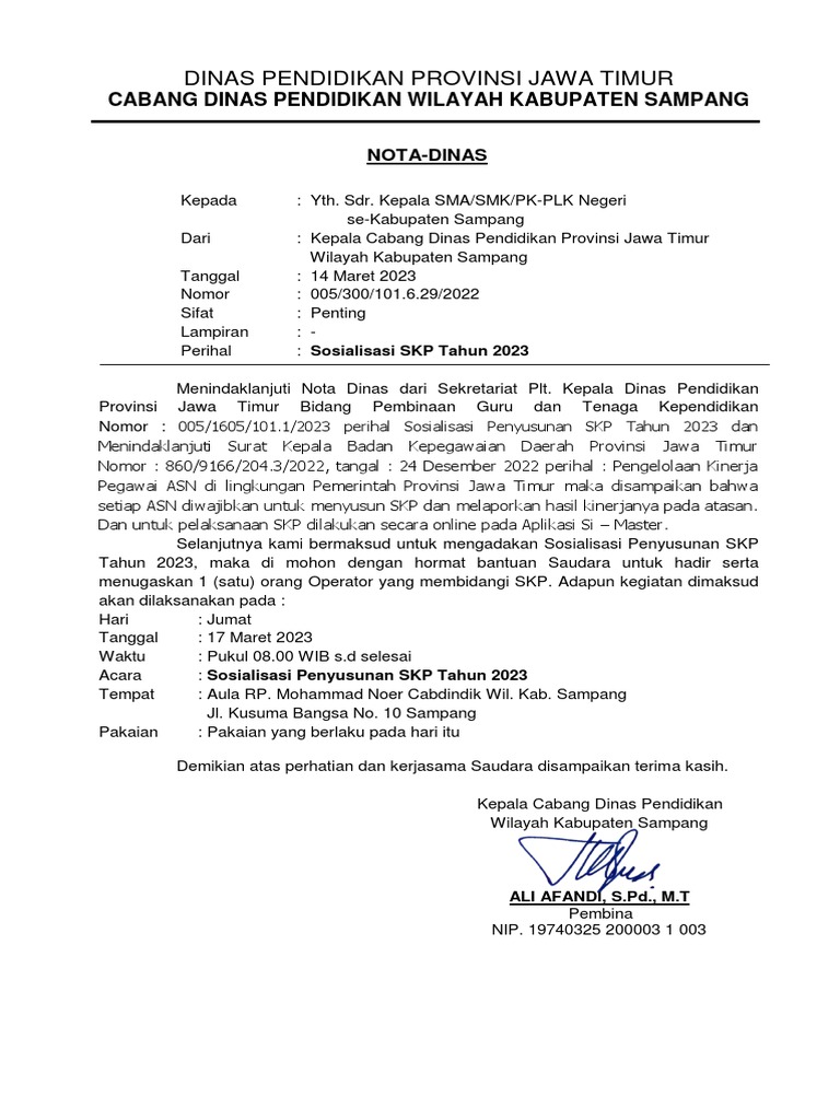 Nota Dinas Sosialisasi SKP Tahun 2023 | PDF