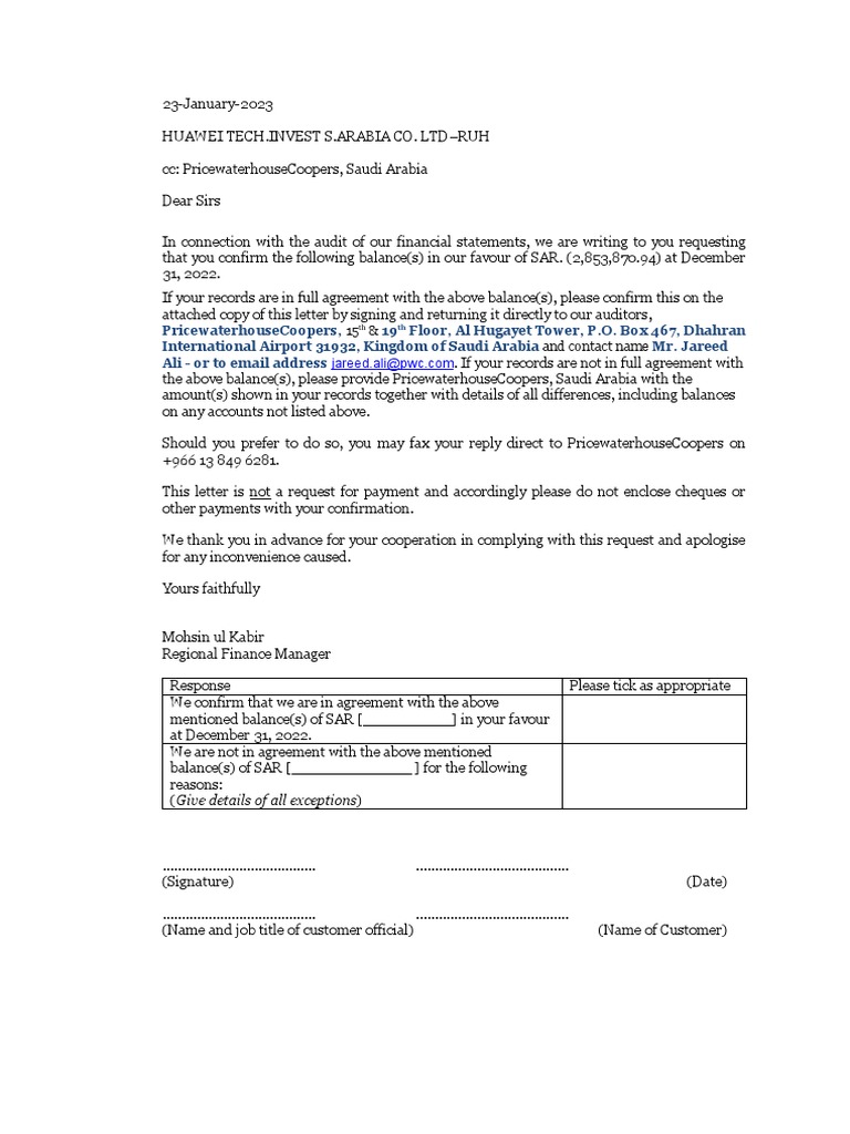 Balance Confirmation Letter | PDF | Cheque | Audit