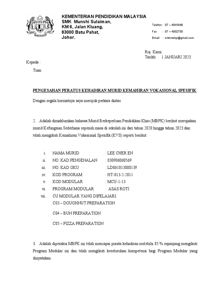 Surat Pengesahan Kehadiran Calon Kohort 2 2022-2023 | PDF