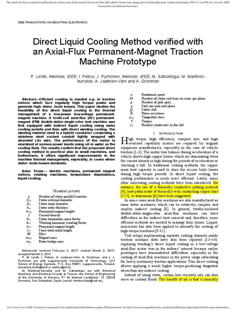Direct Liquid Cooling Method Verified With An Axial Flux PM Traction ...