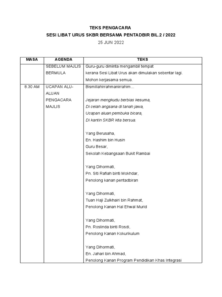 Teks Emcee Libat Urus SKBR Bil 2 22 | PDF