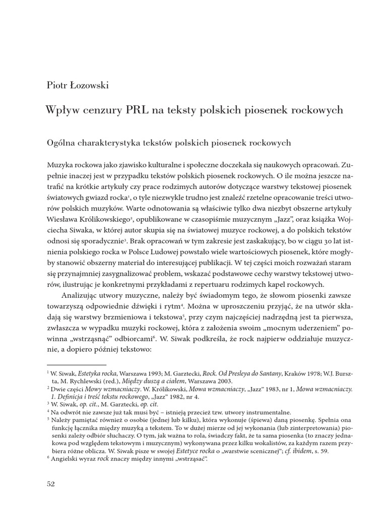 Lozowski Wplyw Cenzury PRL Na Teksty Polskich Piosenek Rockowych 2010.odt | PDF