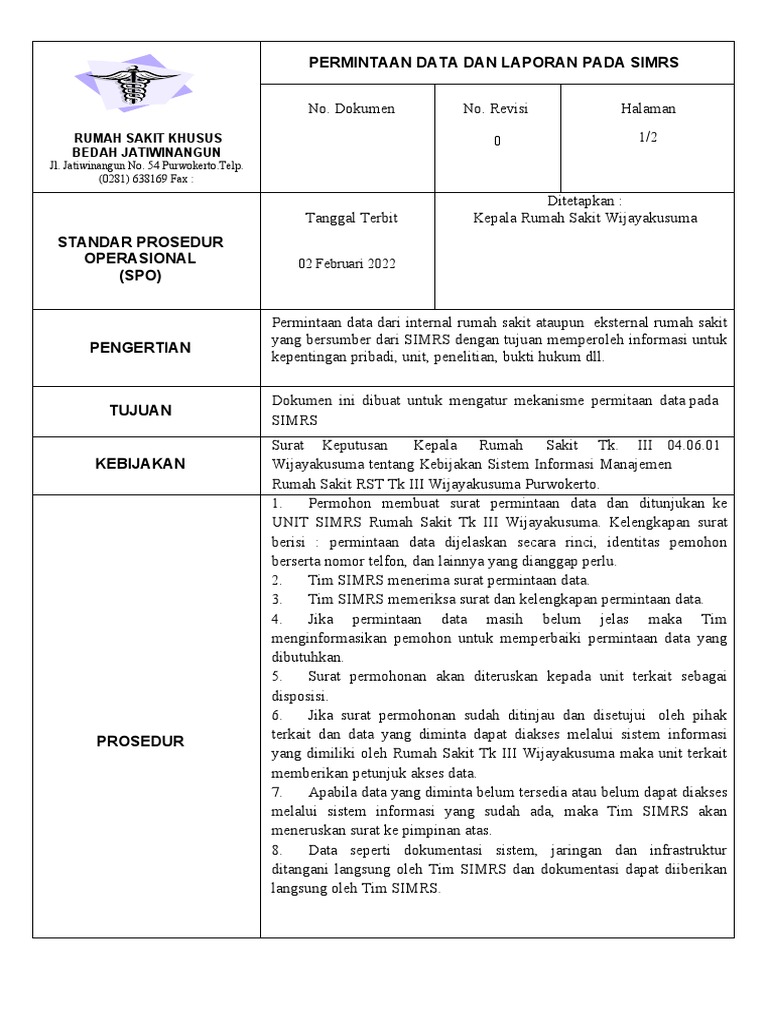 Sop Permintaan Data Simrs Rumah Sakit | PDF