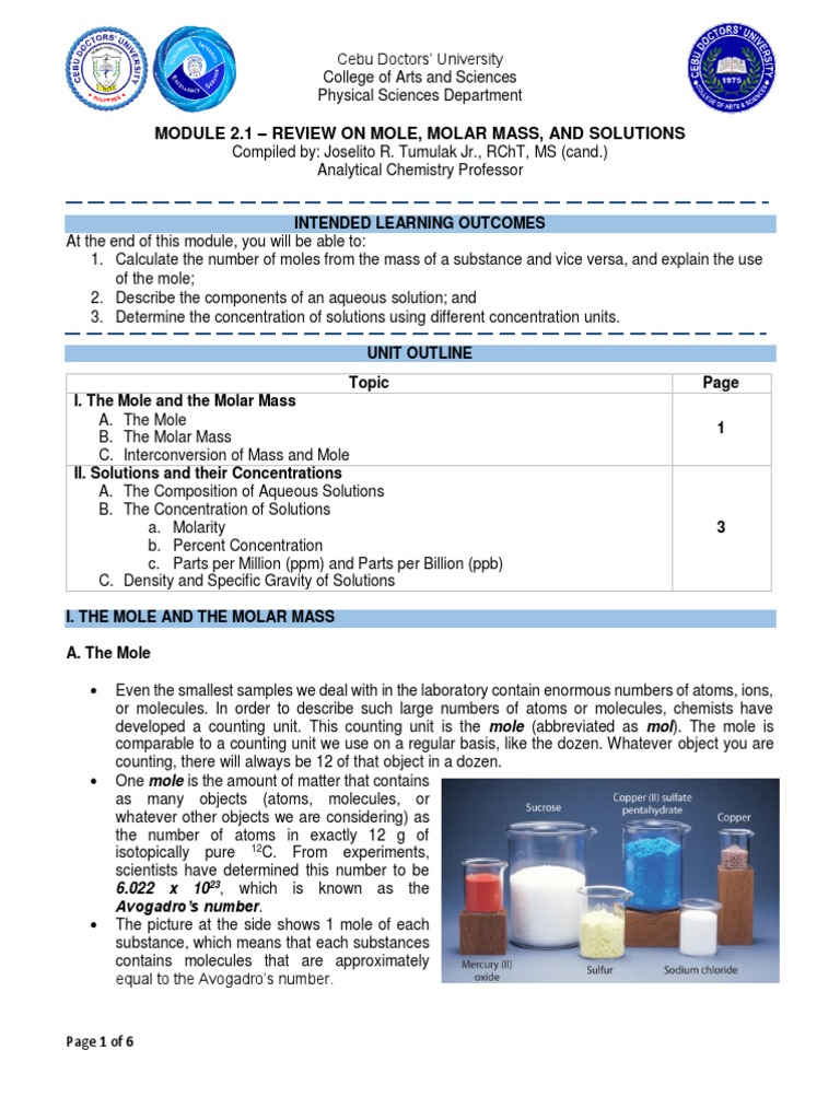 Module 2.1 - Review On Mole, Molar Mass, and Solutions | PDF | Mole ...