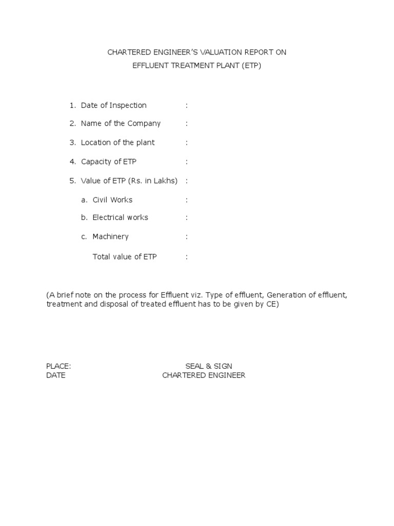 Chartered Engineers Valuation Report On Effluent Treatment Plant Etp ...